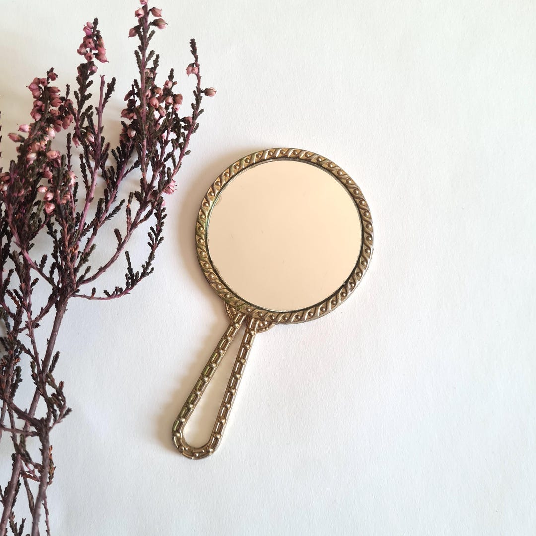 Vintage Hand Mirror/round Handle Small/gold Brass Metal/pocket Bag ...