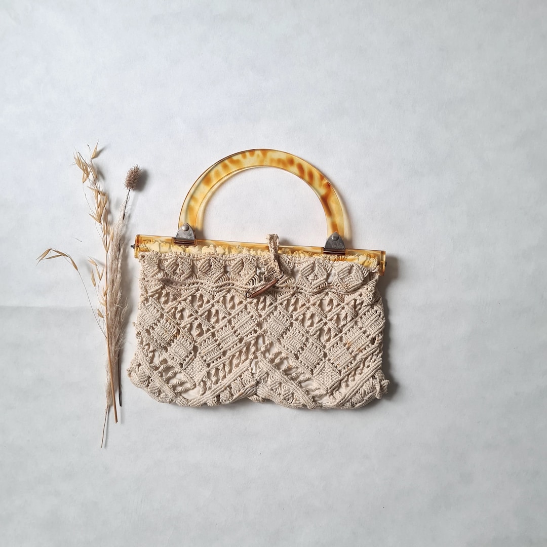 Vintage Macramé Crochet Handbag/handle Plastic Tortoiseshell Handle ...