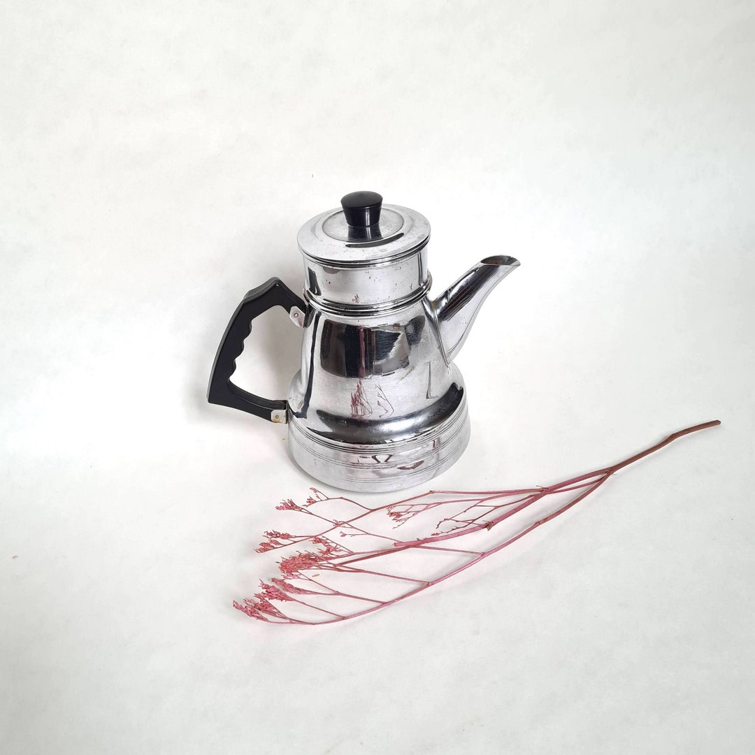 Vintage Teapot Metal Black Plastic Handle Tea Infuser Tall Large ...