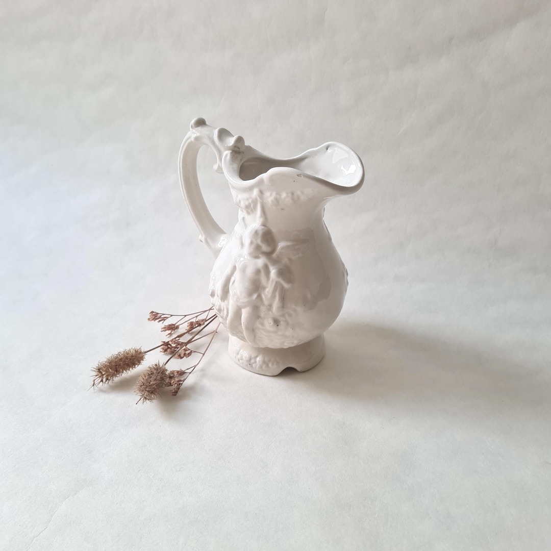 Vintage Porcelain Pitcher Carafe/white Relief Pattern/angel Cherub/vase ...