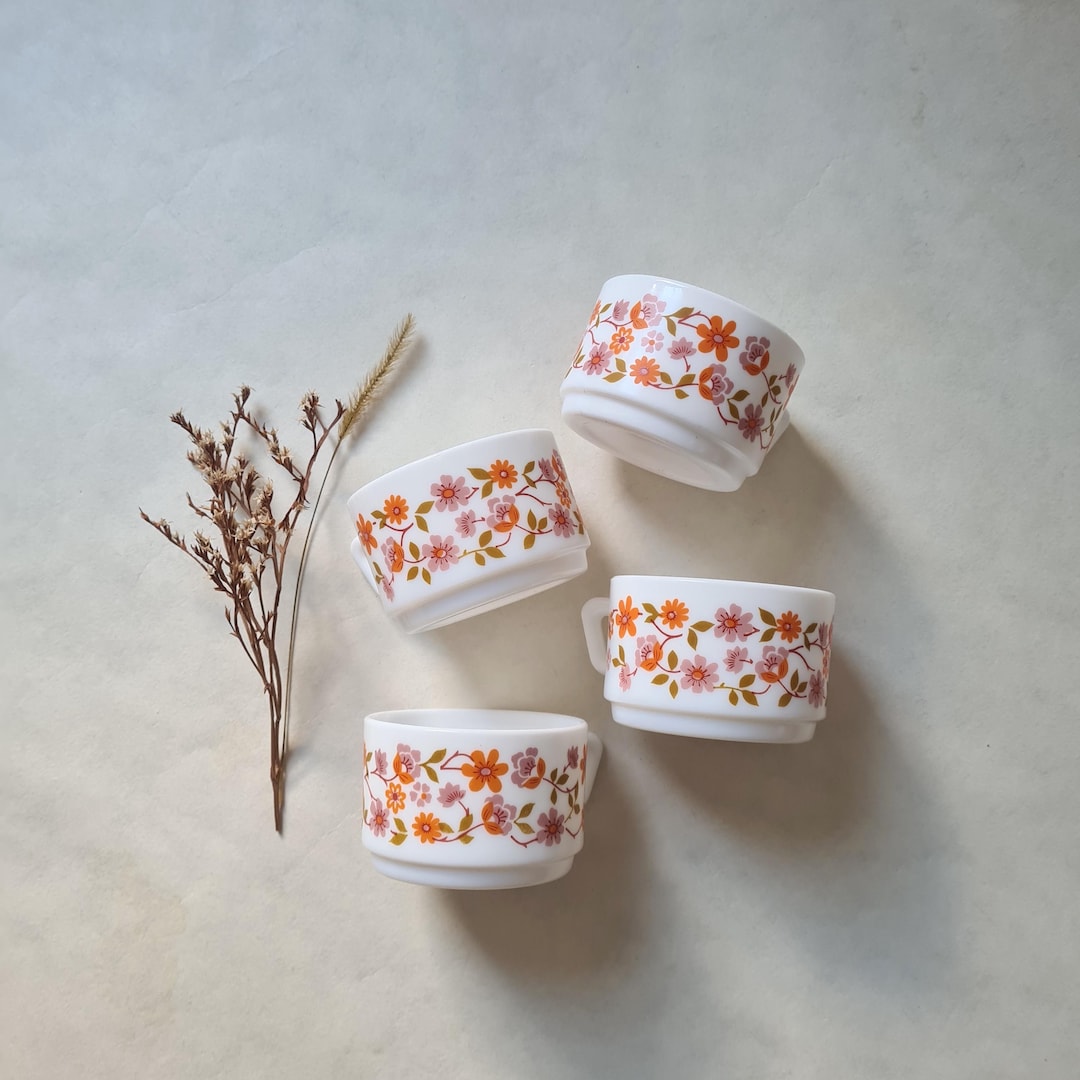 Vintage Cups Set of 4/white Flowers Pink Orange/coffee Tea Service ...