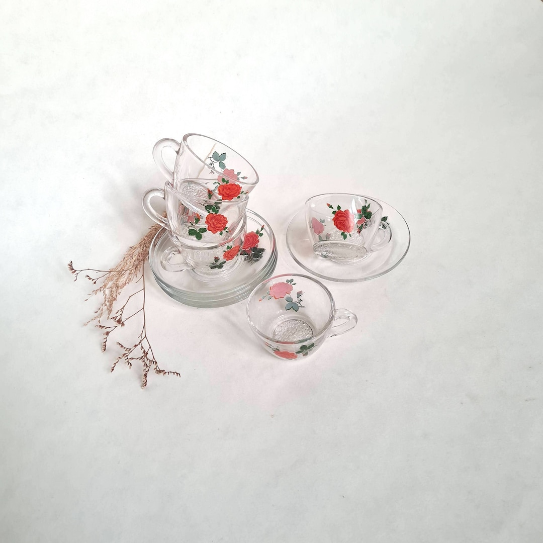 Vintage Transparent Glass Cup 5 Red Flower Pattern Portugal Coffee ...