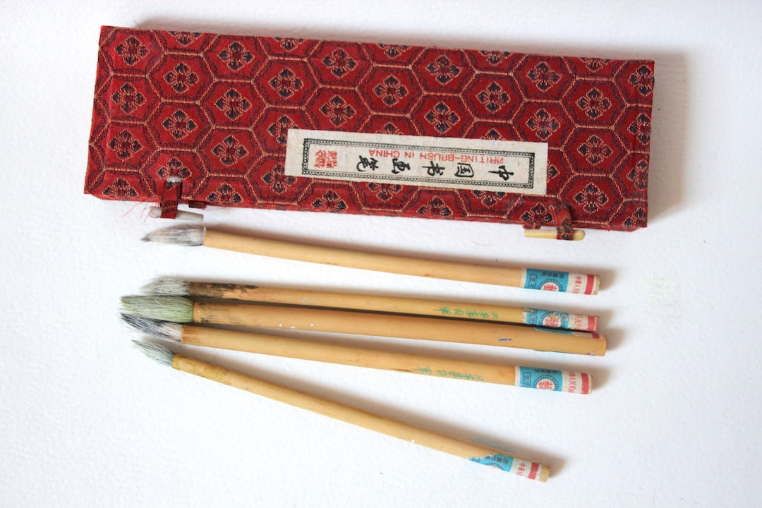 Vintage 5 Brushes Box Case/bamboo Handle/asia China/painting ...