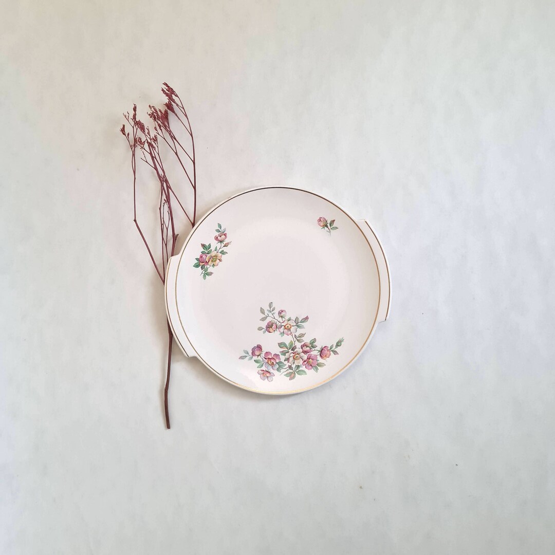 Vintage Ceramic Porcelain Cake Pie Dish/white Gold Border Flower ...