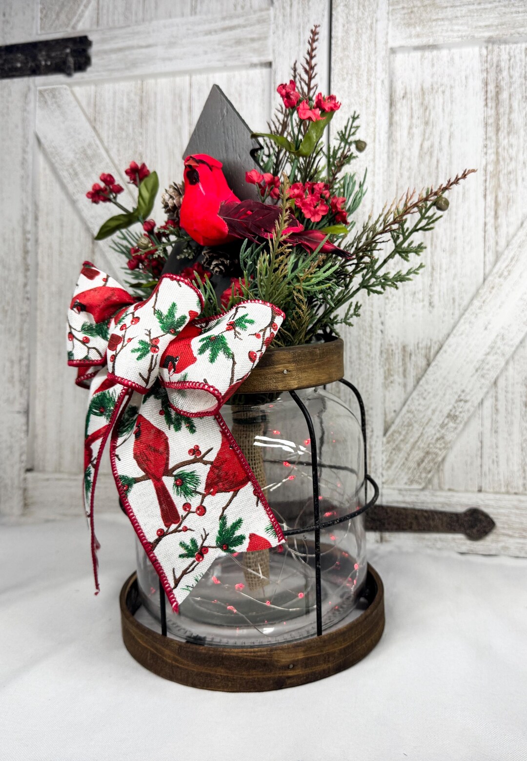 Rustic Glass Lantern, Red Cardinal Bird Theme With Bow, Forest Greenery ...