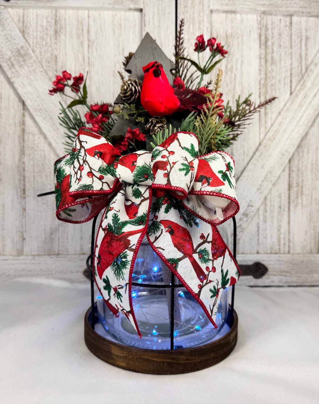 Rustic Glass Lantern, Red Cardinal Bird Theme With Bow, Forest Greenery ...