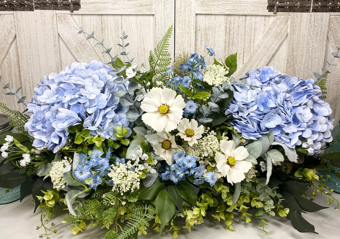 Farmhouse Blue Hydrangea Centerpiece, Pretty Blue True Touch Hydrangeas ...