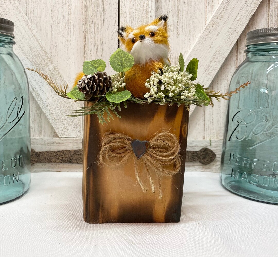 Fox on a Wooden Lookout, Faux Floral Forest Accent & Rustic Home Decor ...