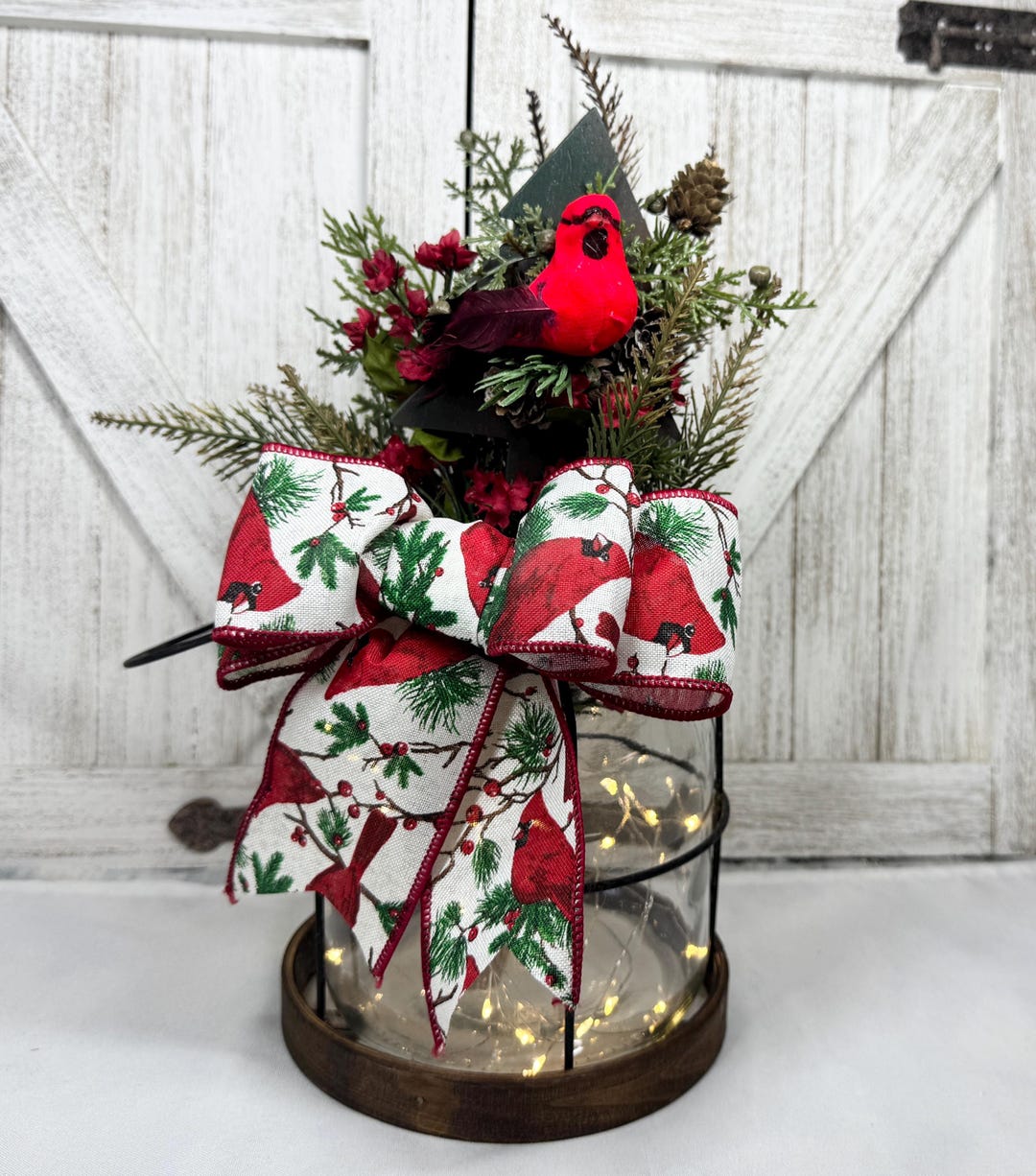 Rustic Glass Lantern, Red Cardinal Bird Theme With Bow, Forest Greenery ...