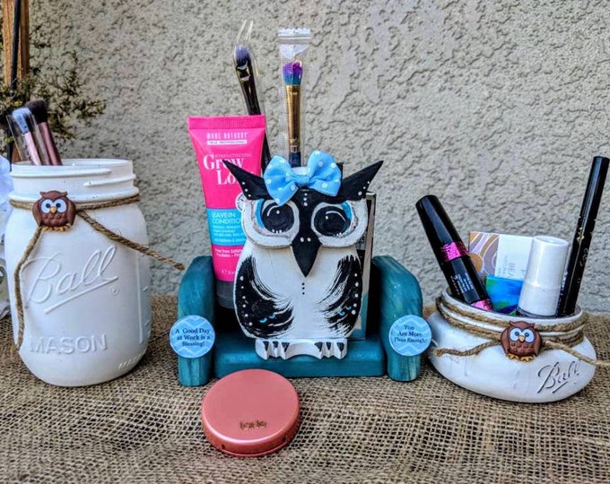 Cute Wooden Owl Desk Set With Mason Jars Teal & Black - Etsy