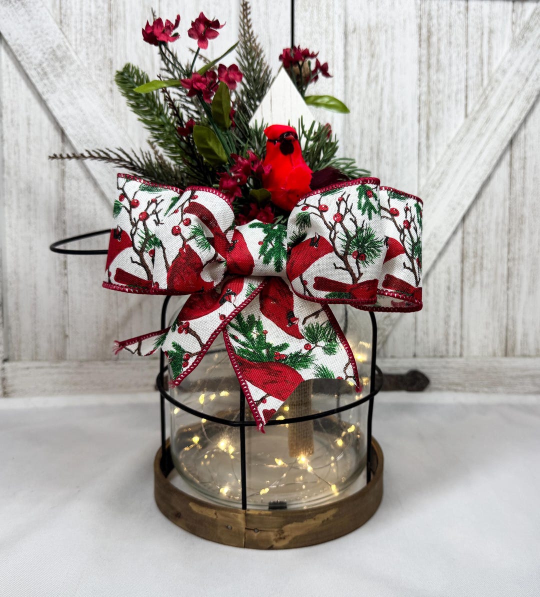 Rustic Glass Lantern, Red Cardinal Bird Theme With Bow, Forest Greenery ...