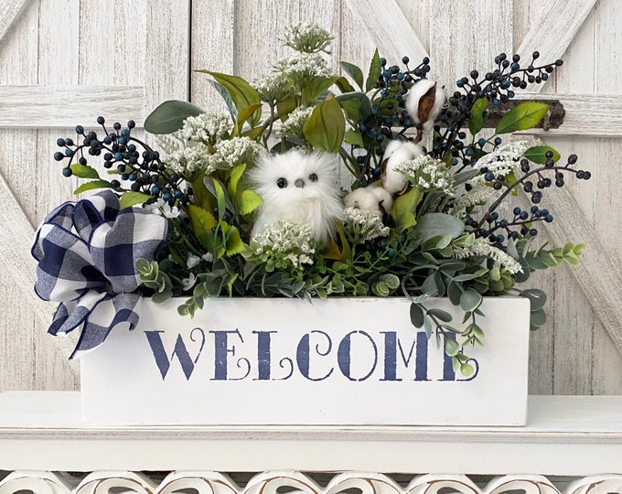 Welcome Farmhouse Box, Owl Table Decor - Large Whitewash Box ...