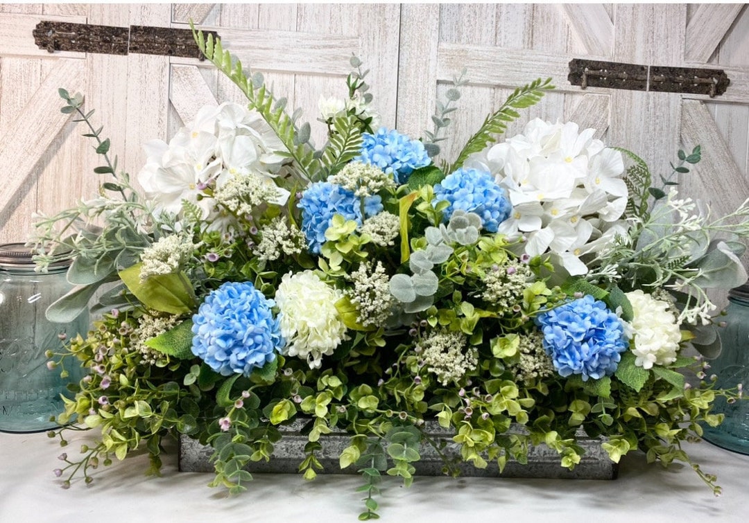 Blue & White True Touch Hydrangea Centerpiece, Greenery Arrangement ...