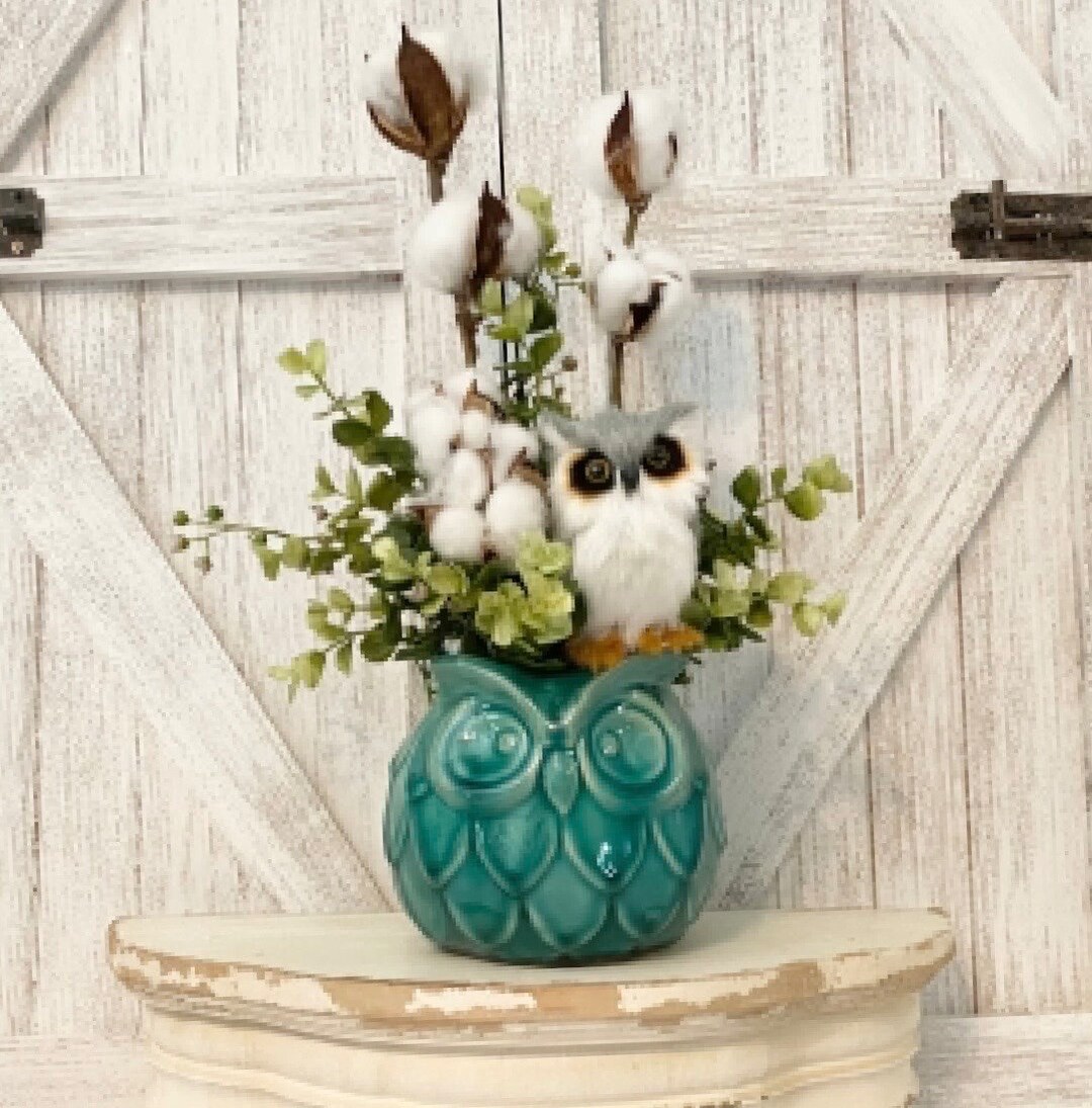Teal White Owl Vase, Ceramic Owl Vase, Cotton Boll Faux Floral and ...