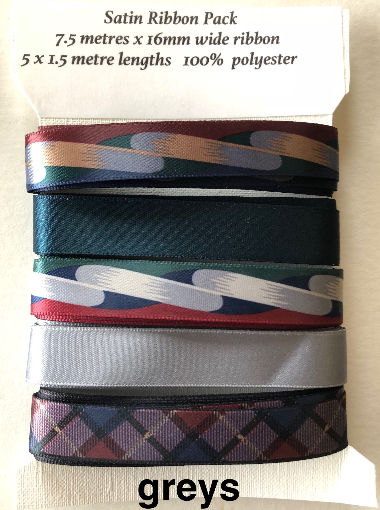 15-16mm Wide Ribbons-7.5 Metre Packs of 5 Pieces of Woven, Printed and ...