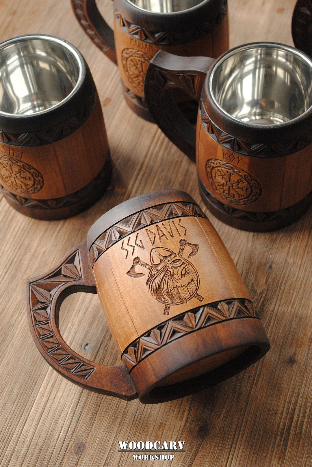LARGE Viking Tankard 0.9 Liters Hand Carved Wooden Mug Groomsman Gift ...