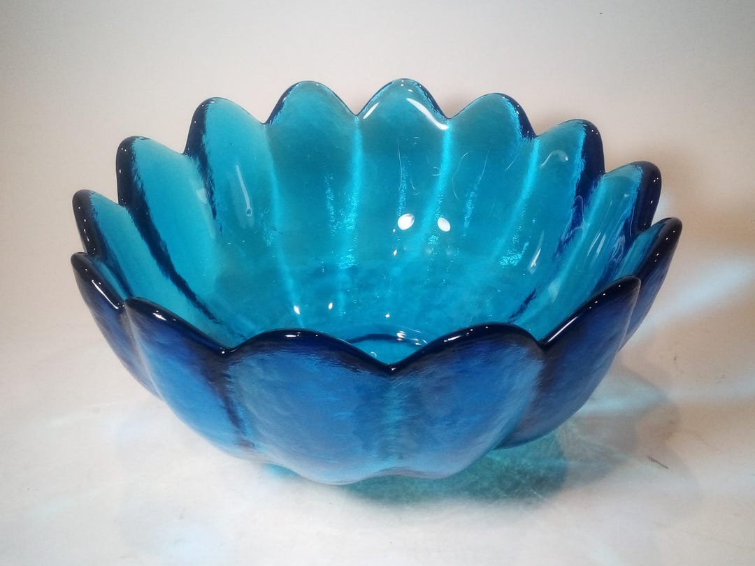 Large 10.5 Blenko Glass Azure Blue Lotus Flower Bowl - Etsy