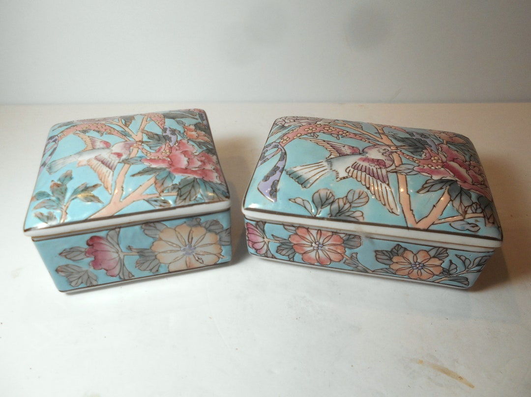 Vintage Porcelain Trinket Boxes Turquoise Birds Flowers Floral - Etsy