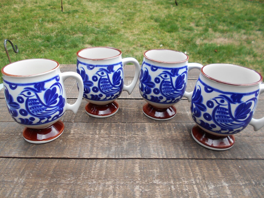 Blue and White Blue Bird Mugs Cups - Brown Footed - Set of 4 - Etsy