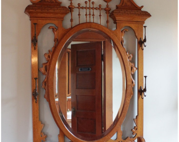 F4464 Antique American Victorian Quartersawn Oak Hall Stand With Oval ...