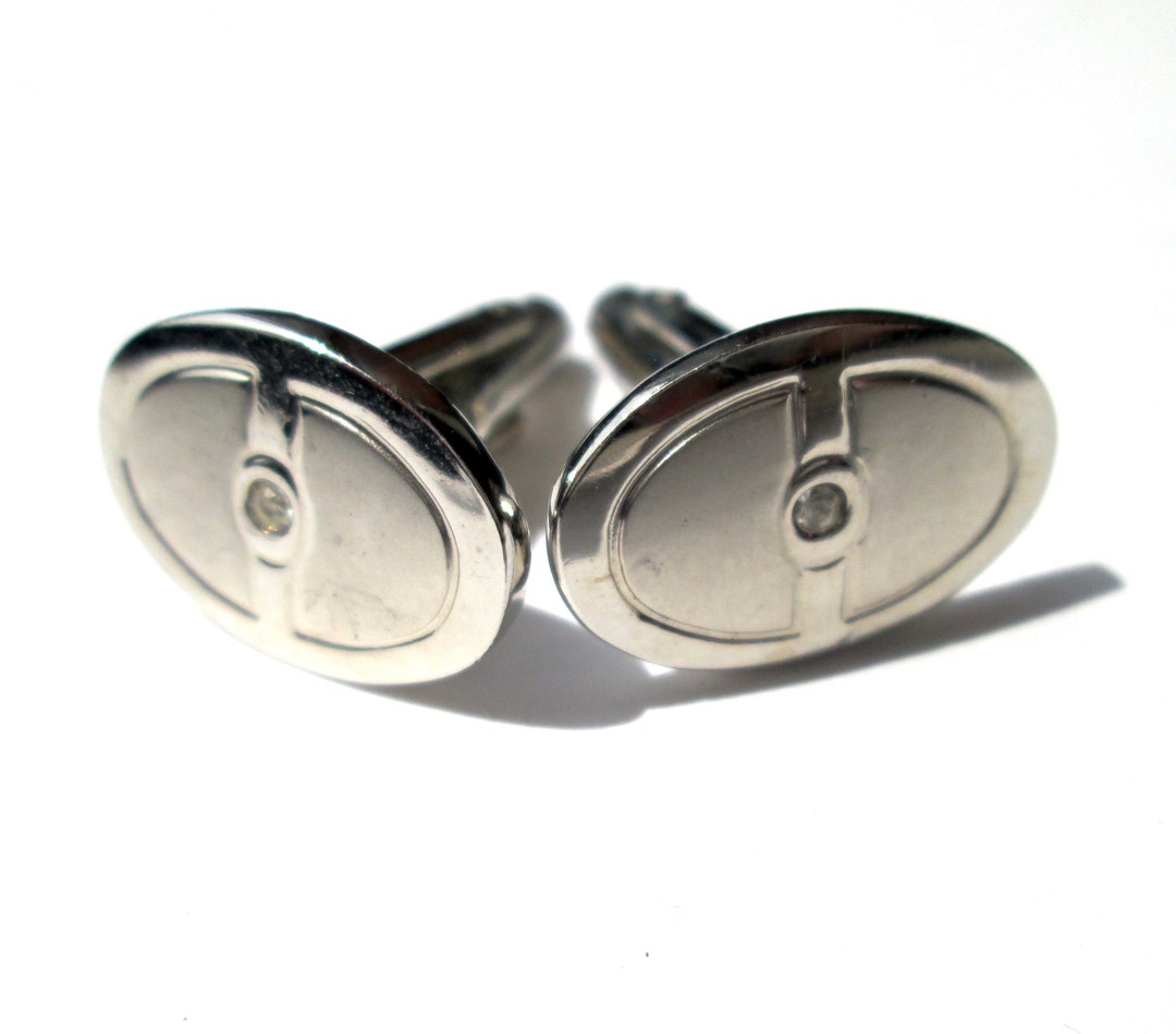 Sleek Vintage Silver Tone Clear Rhinestone Oval Cuff Links Cufflinks ...
