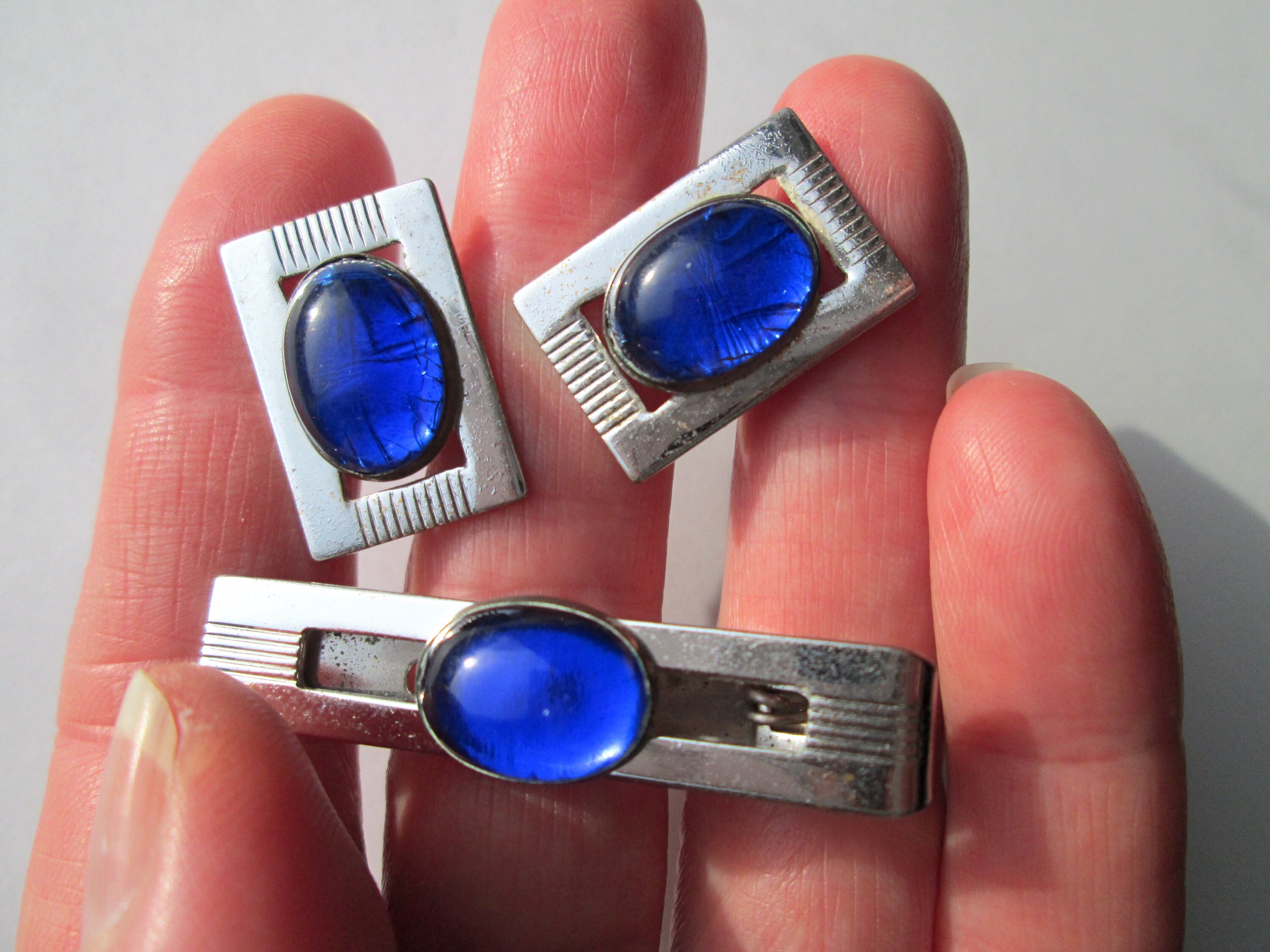 Vintage Cufflinks Cuff Link Links Tie Bar Set Signed ANSON Bezel Oval ...
