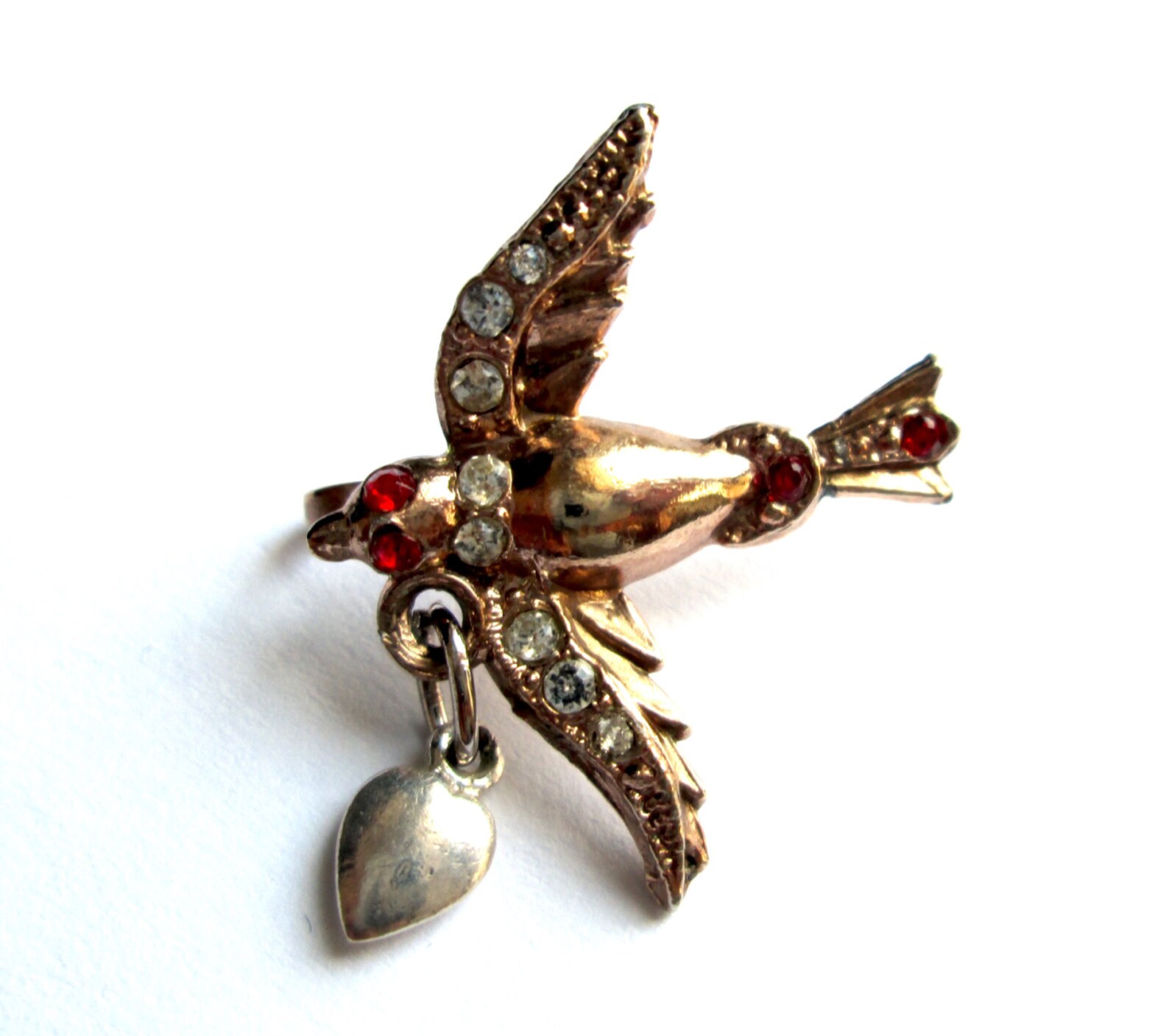 Vintage Sparrow Bird Brooch Pin Heart Dangle Ruby Red & Clear - Etsy Italia