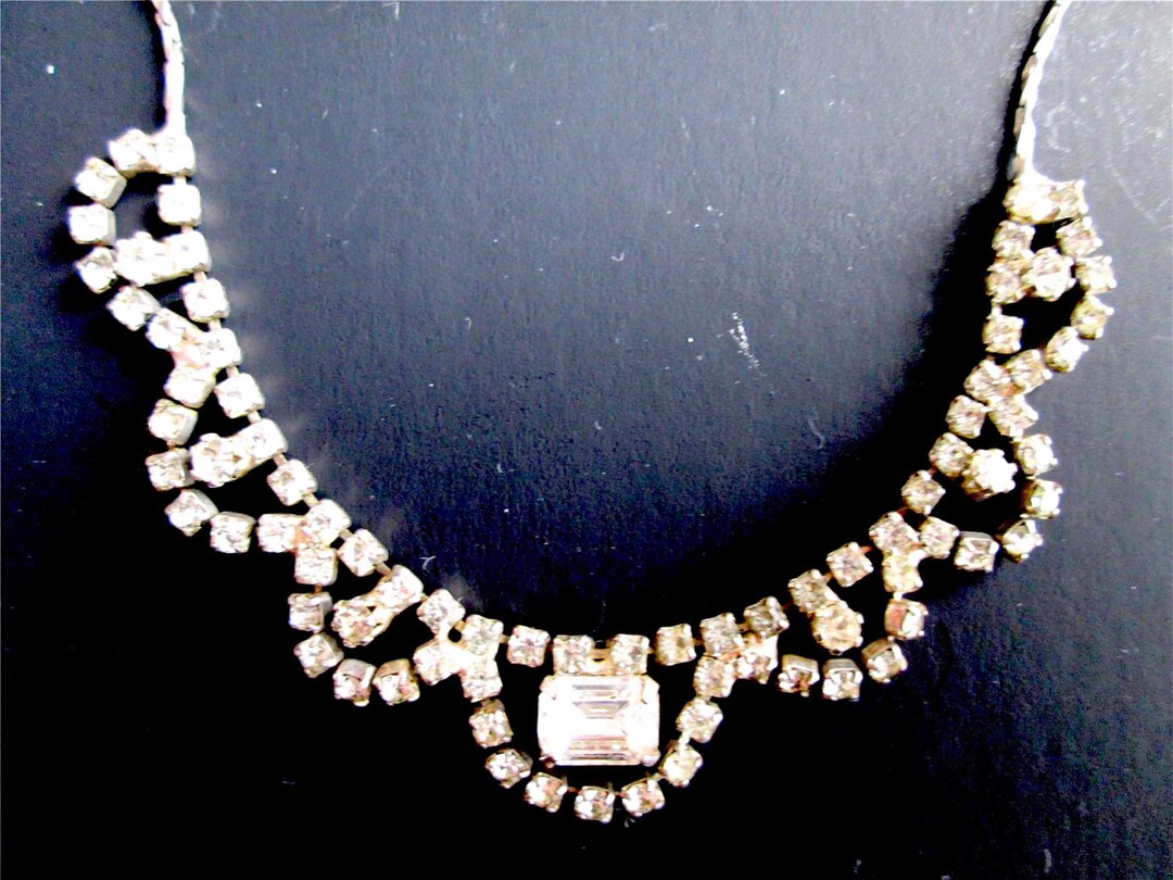 Vintage Claw Set Clear Rhinestone Bayonet Clasp Necklace Choker Chain ...