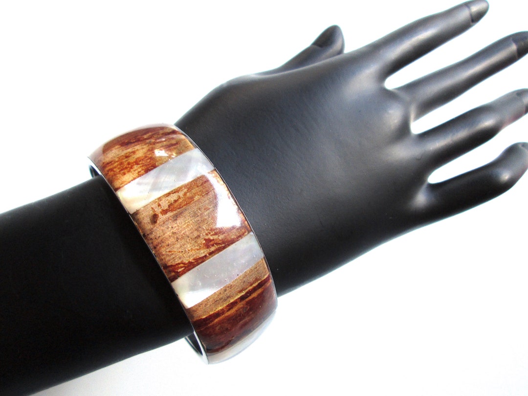 Lovely Vintage Bangle Bracelet MOP Mother Pearl Wood Inlay Panel Panels ...