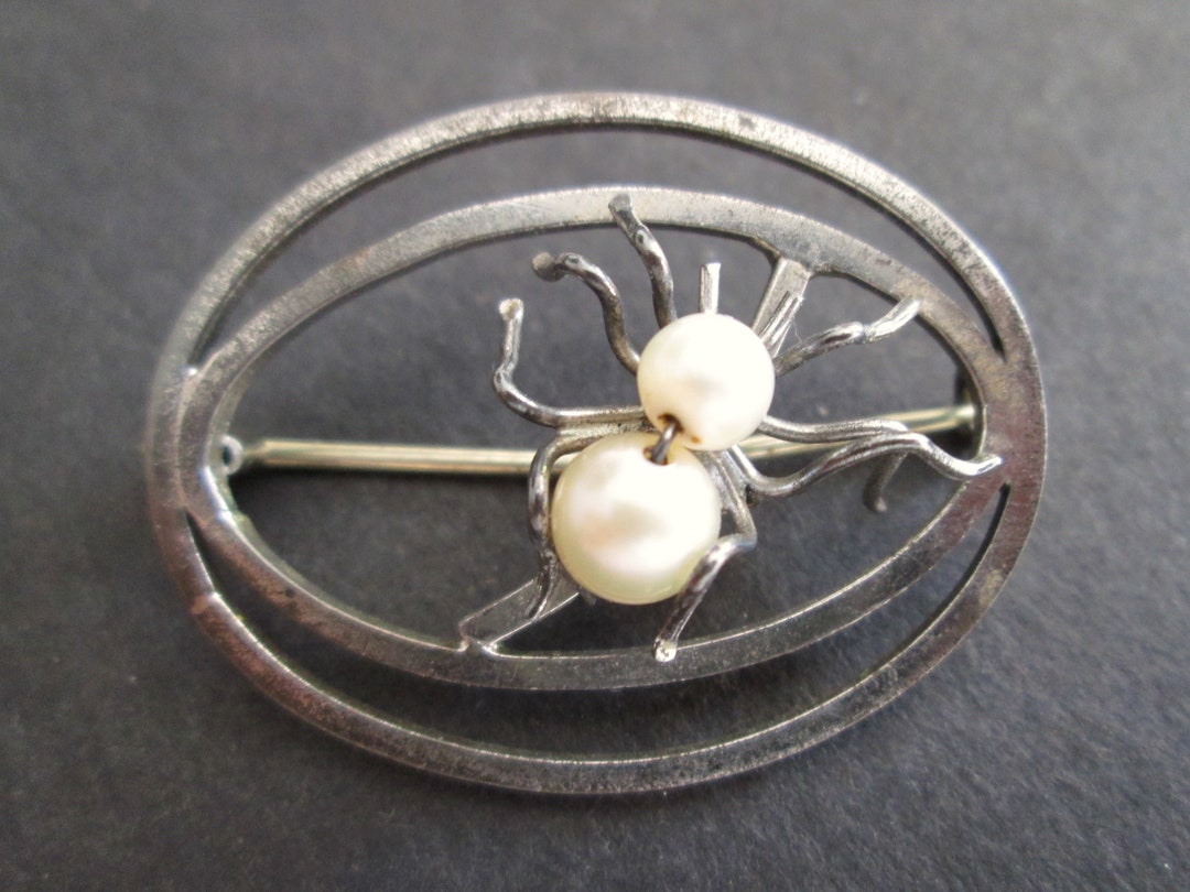 Adorable Vintage Spider Brooch Pin Stamped SILVER 4.1g Beaded Pearl ...