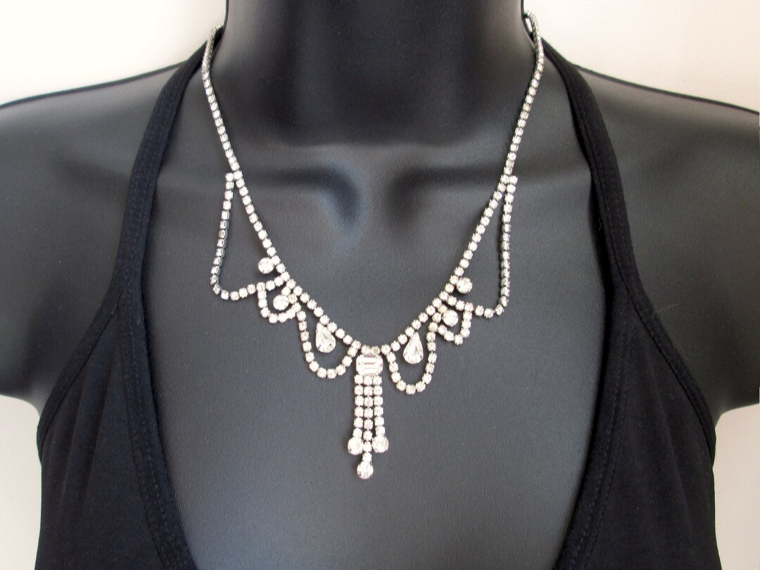 Fabulous Vintage JAY FLEX STERLING Necklace Silver 925 22g Clear Claw Set Pear Emerald Cut ...