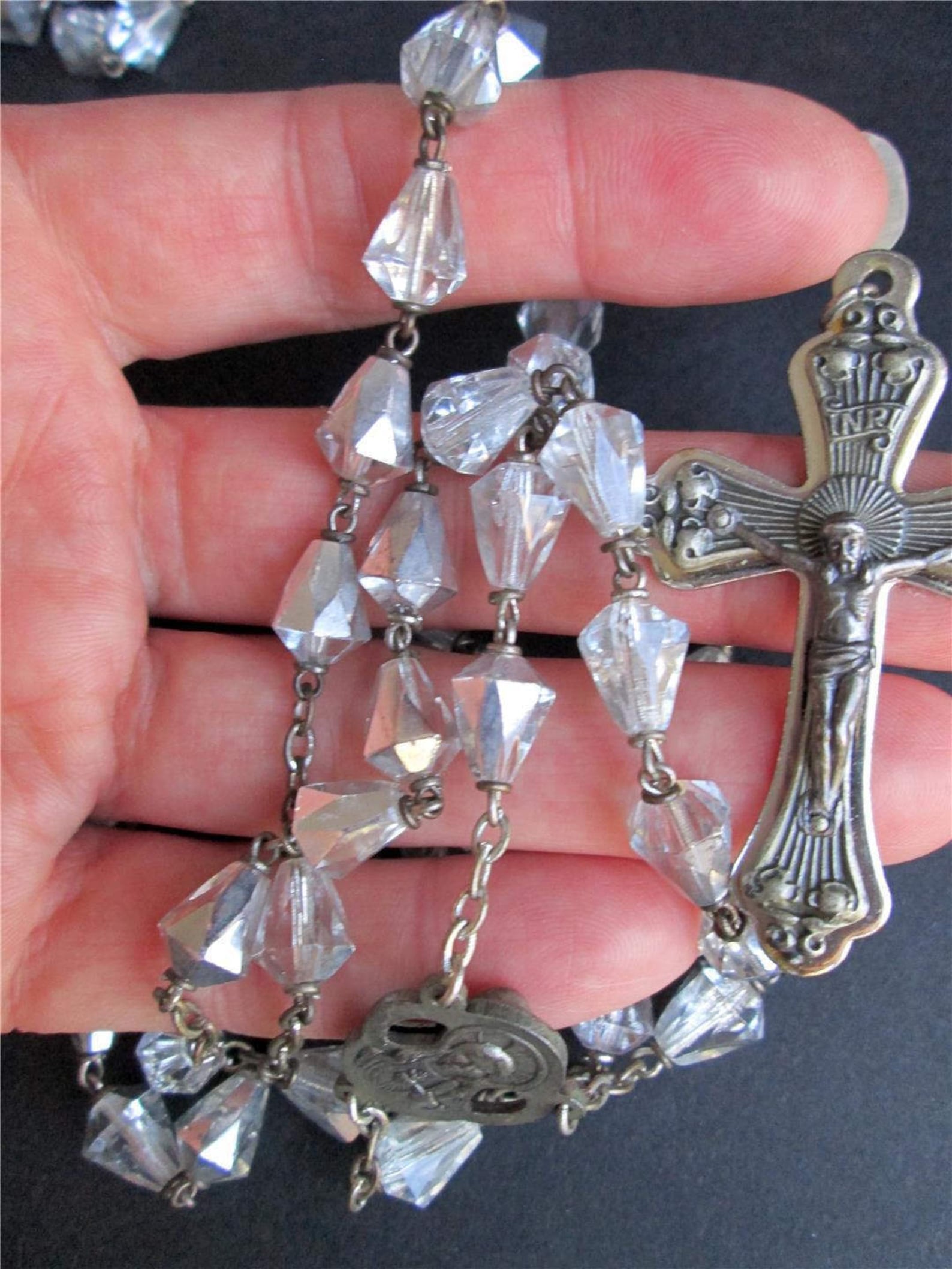 Vintage Large Bicone Teardrop Bead Rosary Clear Crystal Silver Coating ...