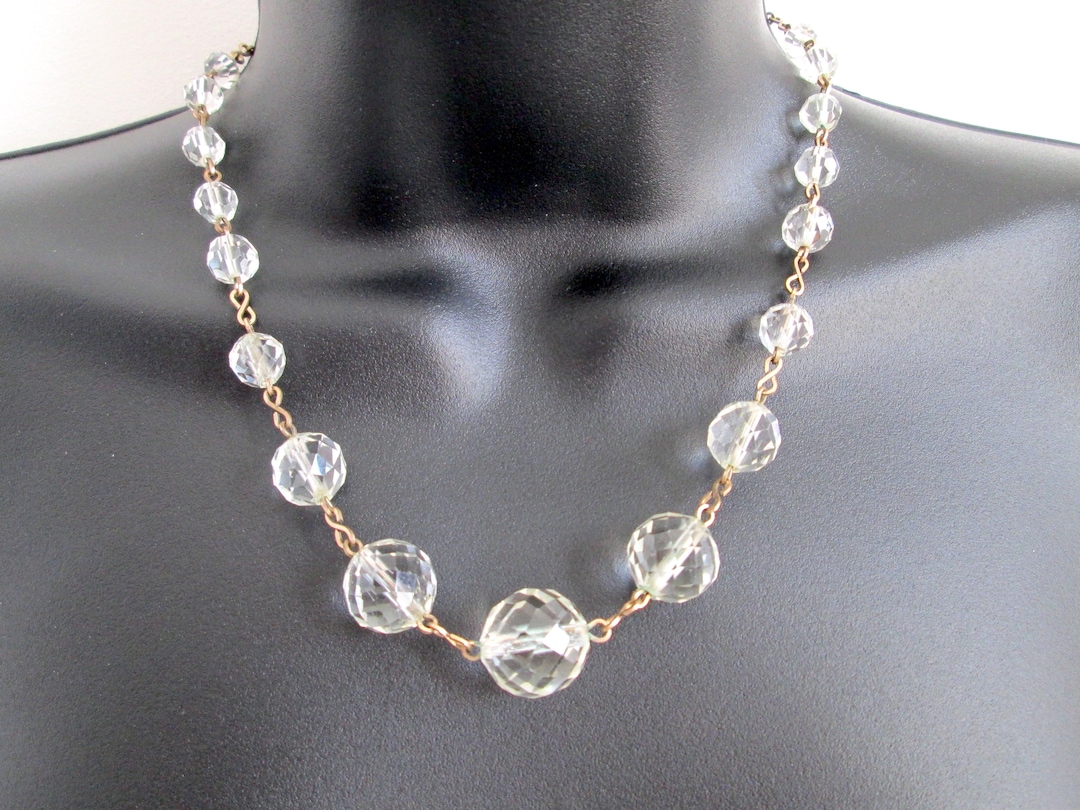 Vintage Crystal Princess Length Necklace Art Deco Multi Faceted Round ...