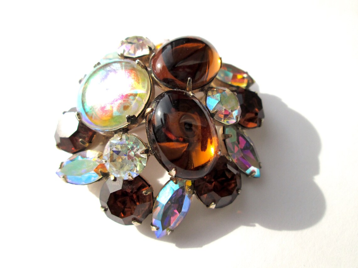 Vintage Domed Multi Rhinestone Brooch Cabochon Faceted Navette | Etsy