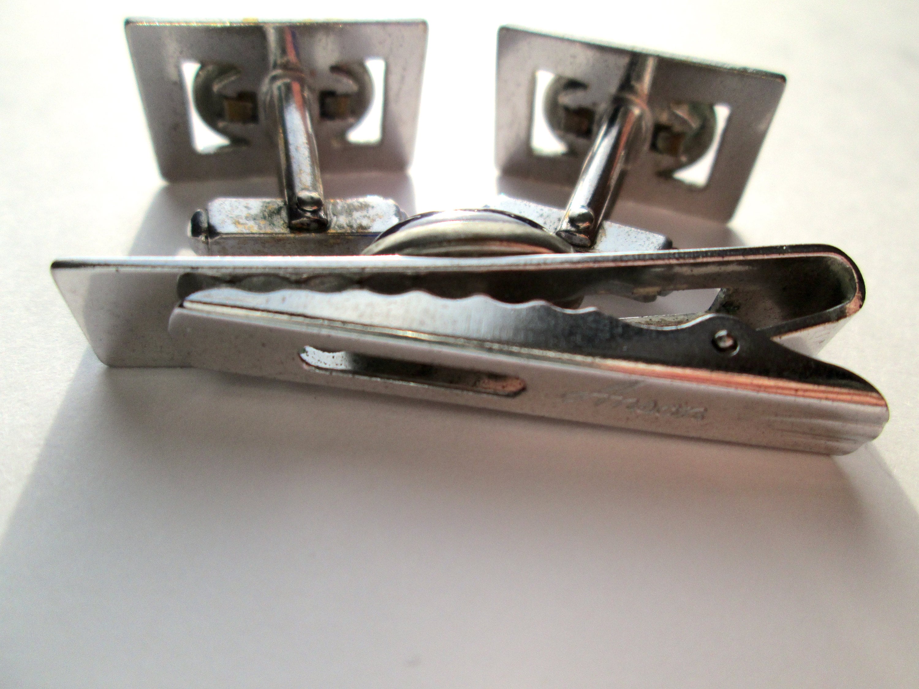Vintage Cufflinks Cuff Link Links Tie Bar Set Signed ANSON Bezel Oval ...