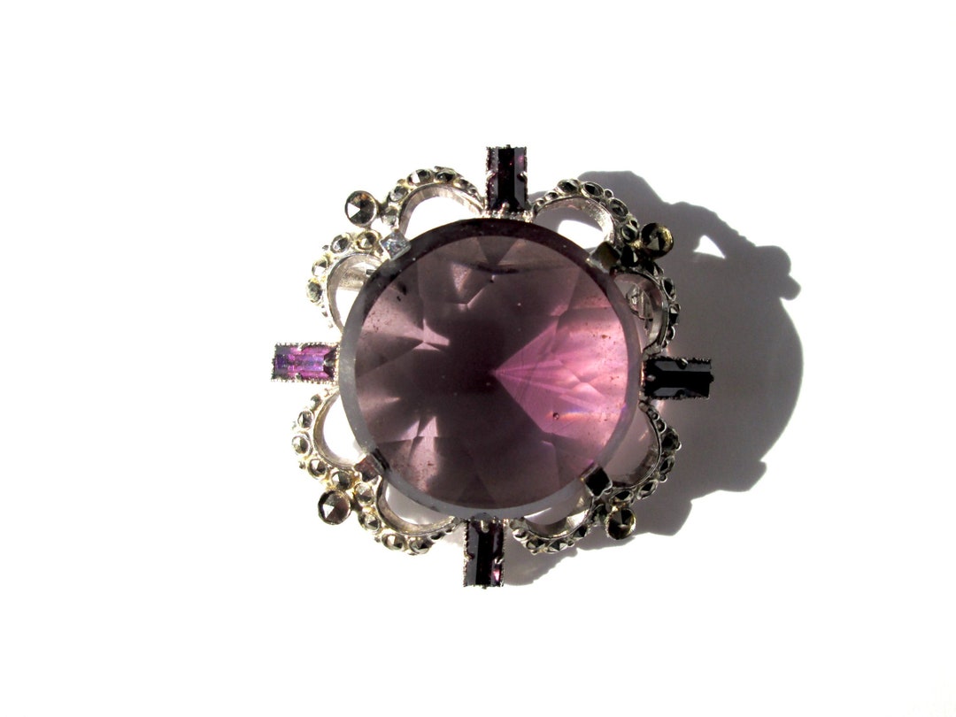 Vintage Art Deco Amethyst Purple Glass Claw Set Rhinestone Marcasite ...