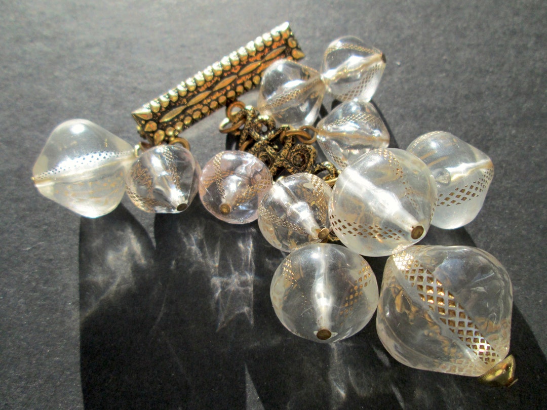 Vintage GERMANY Brooch Lightweight Clear Plastic Gold Tone Dangle ...