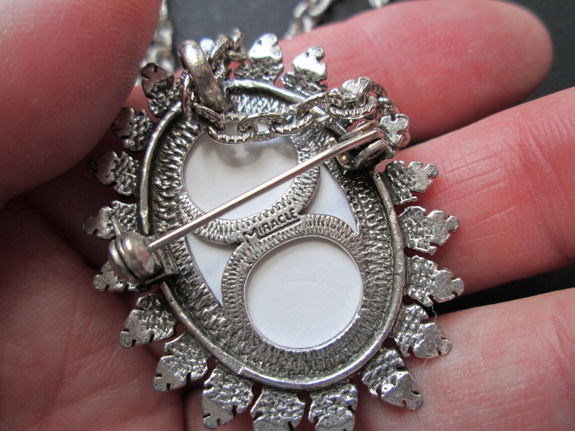 Unusual Vintage Signed MIRACLE Embroidered Oval Brooch Pendant Chain ...