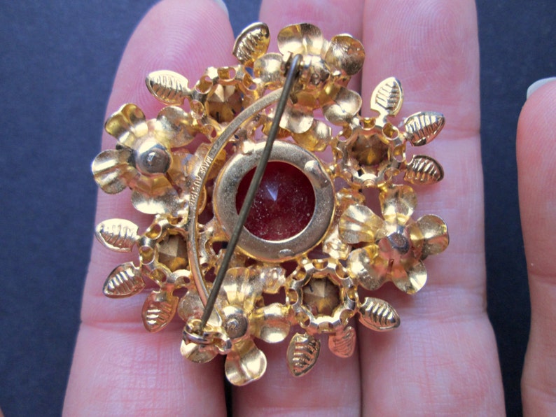 Vintage Brooch Pin Floral Gold Tone Ruby Red Fuschia Pink - Etsy