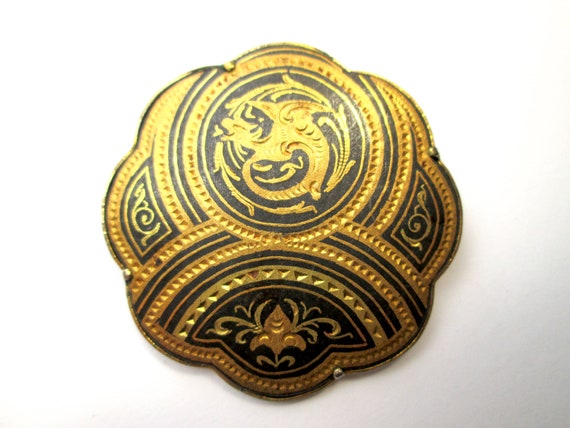 Vintage Damascene Brooch Pin Trombone Clasp Catch Bla… - Gem