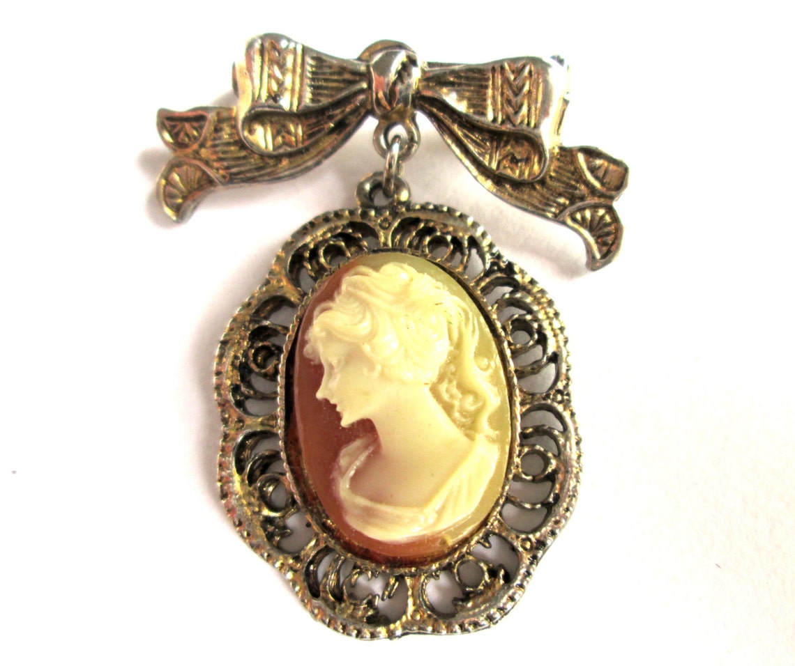 Vintage Cameo Bow Dangle Brooch Pin Gold Tone Filigree Oval | Etsy