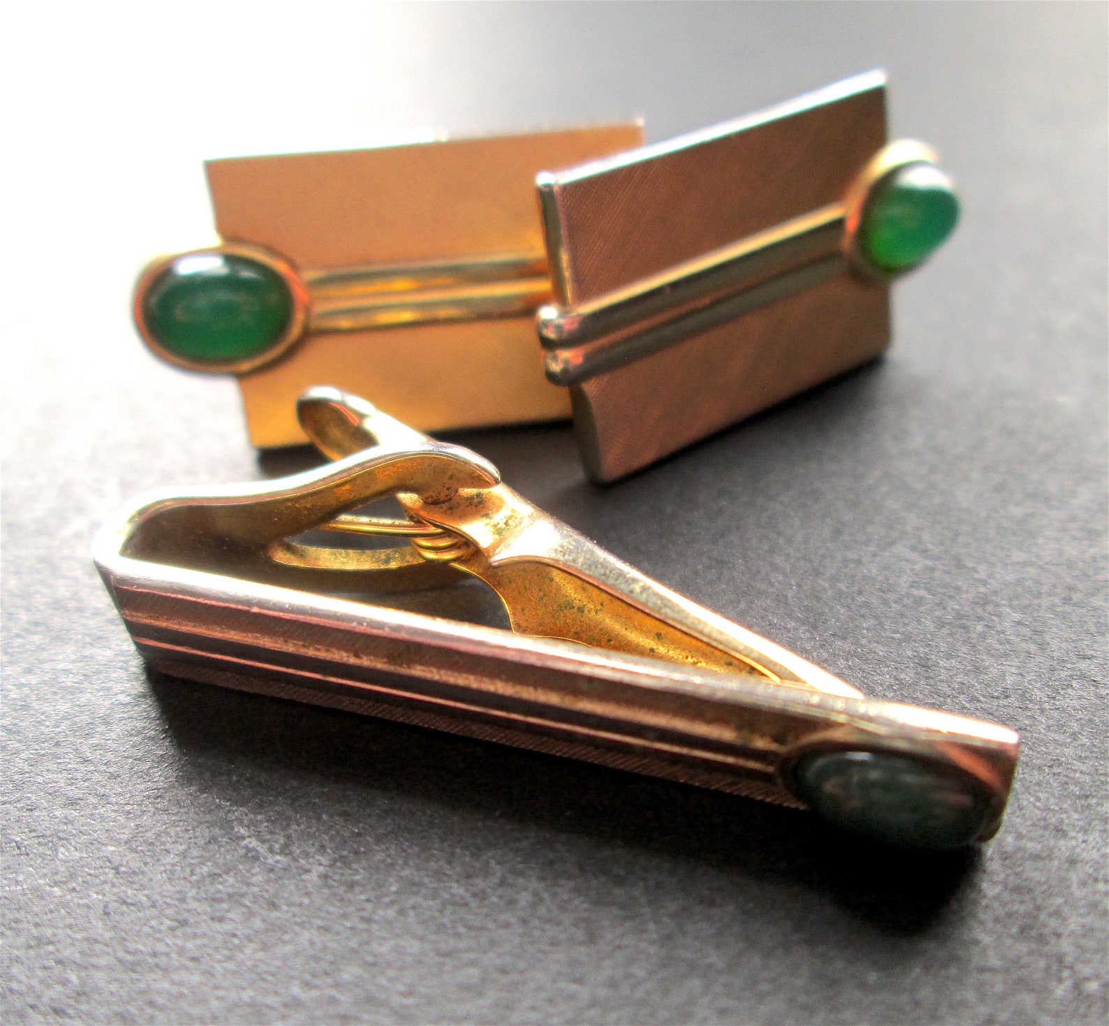 Vintage Mid Century Signed SWANK Cuff Link Cufflink & Tie Bar Set Oval ...