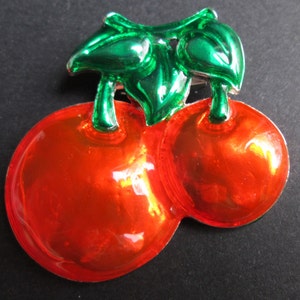 Vintage Figural Cherries Brooch Translucent Sheer Red & Green Enamel ...