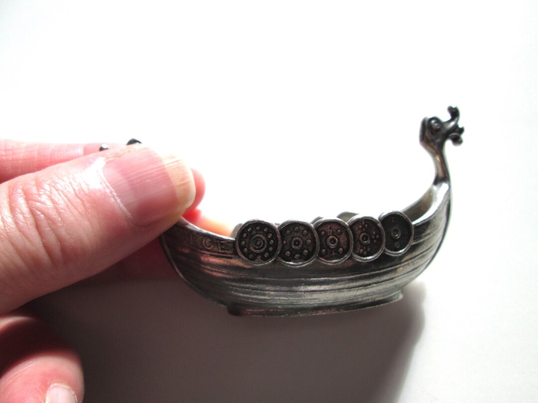 Vintage Open Salt Cellar Marked HANDSTOPT NORGE Pewter Viking Boat Ship ...