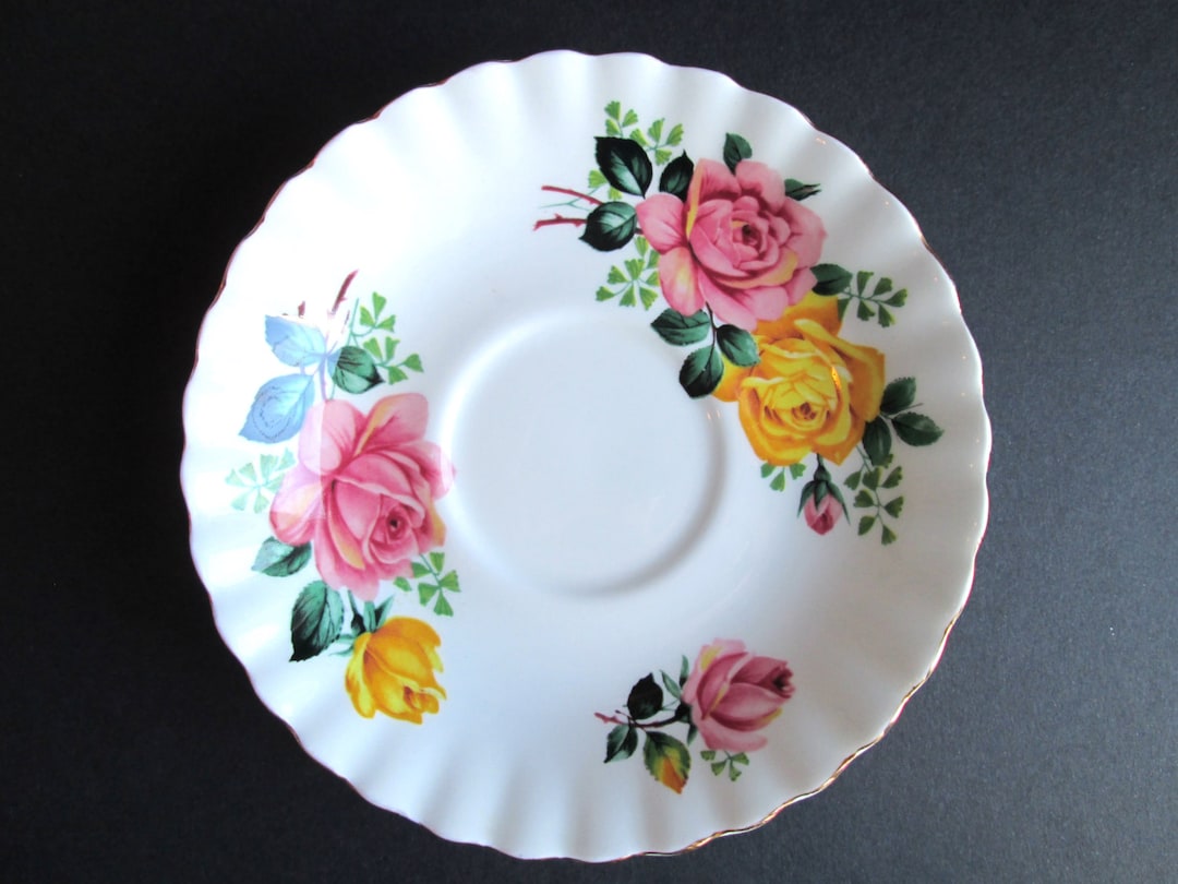 Vintage ROYAL ALBERT Bone China Pink & Yellow Roses Saucer With Gold ...