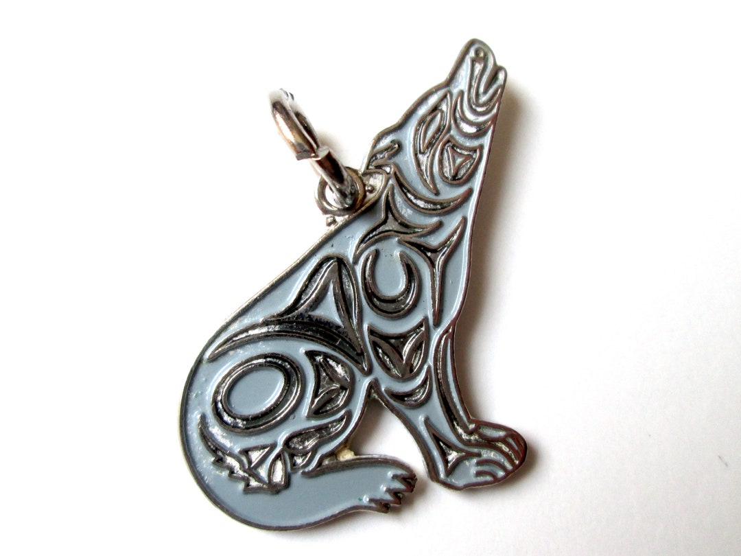 Wonderful Vintage Pendant Figural Howling Wolf Shiny Silver Tone Light Blue Enamel Marked Symbol ...