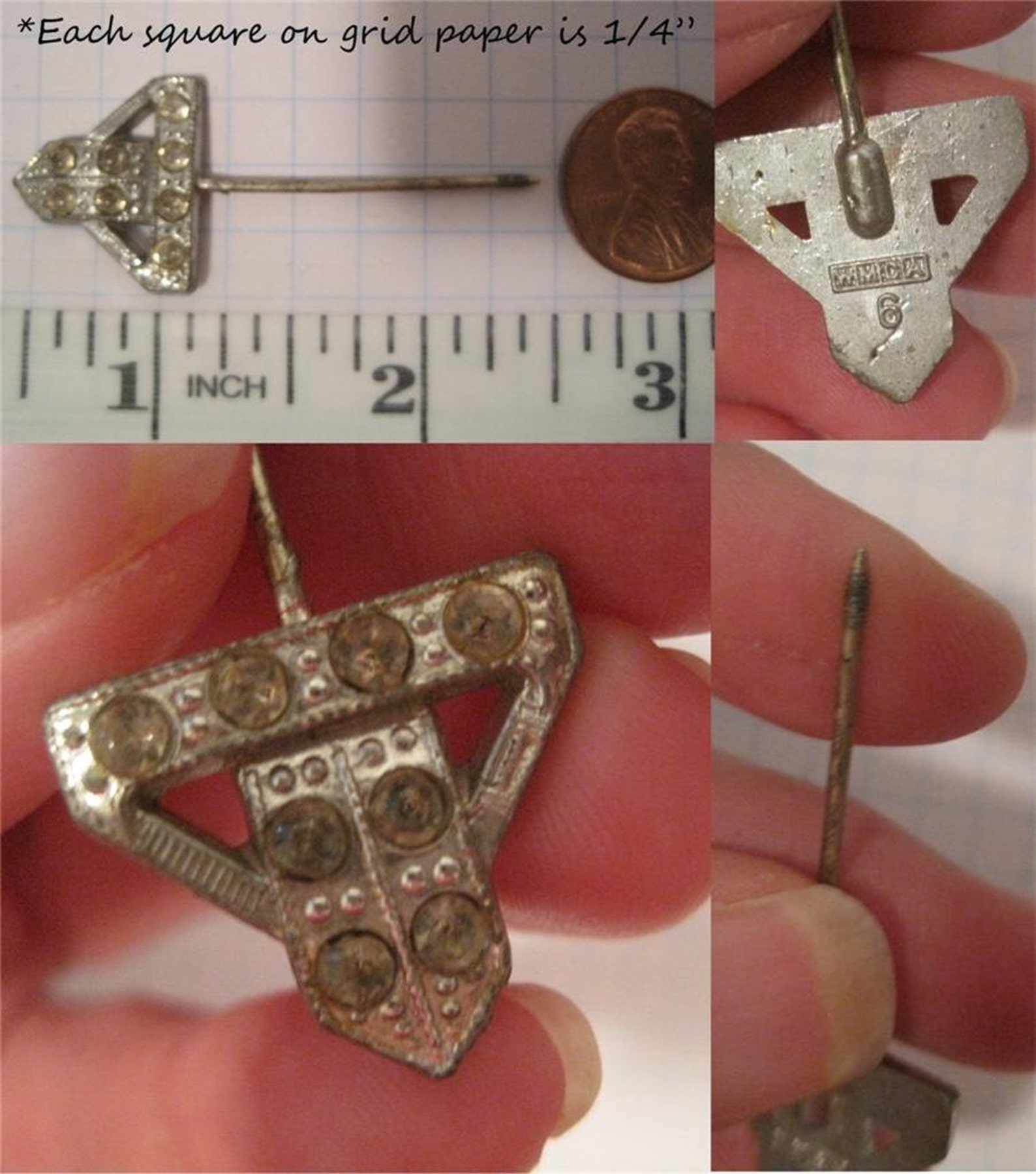 Vintage Hat Stick Pin Hatpin Art Deco Marked WMCA 6 Clear Rhinestones ...