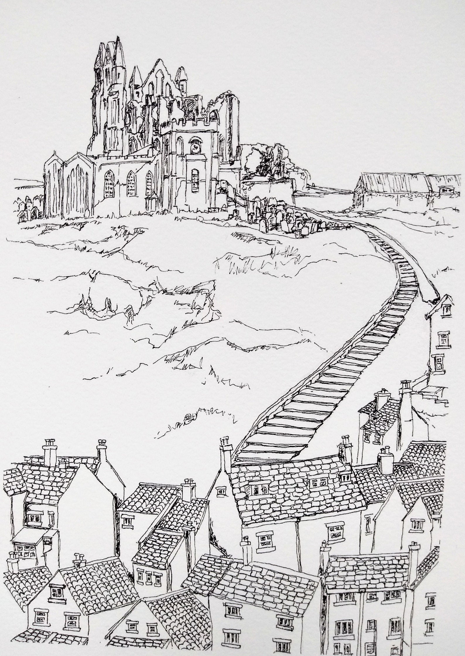 Whitby Abbey Steps Giclee Print, Pen and Ink Line Drawing of Yorkshire ...