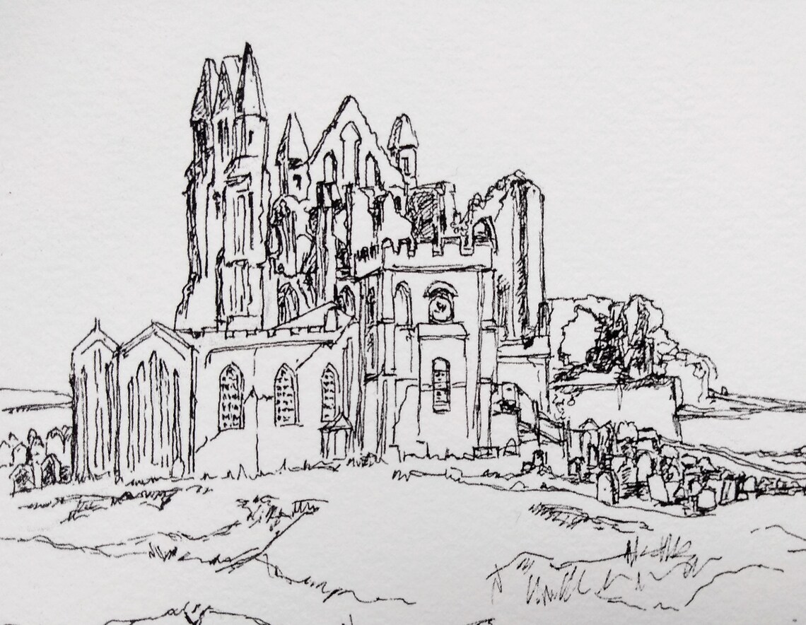 Whitby Abbey Steps Giclee Print, Pen and Ink Line Drawing of Yorkshire ...