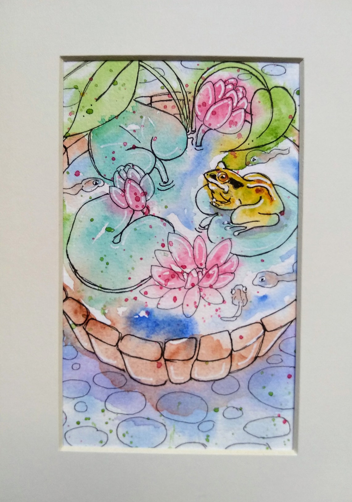 Frog and Water Lilies in a Barrel Pond, Small Watercolour and Pen ...